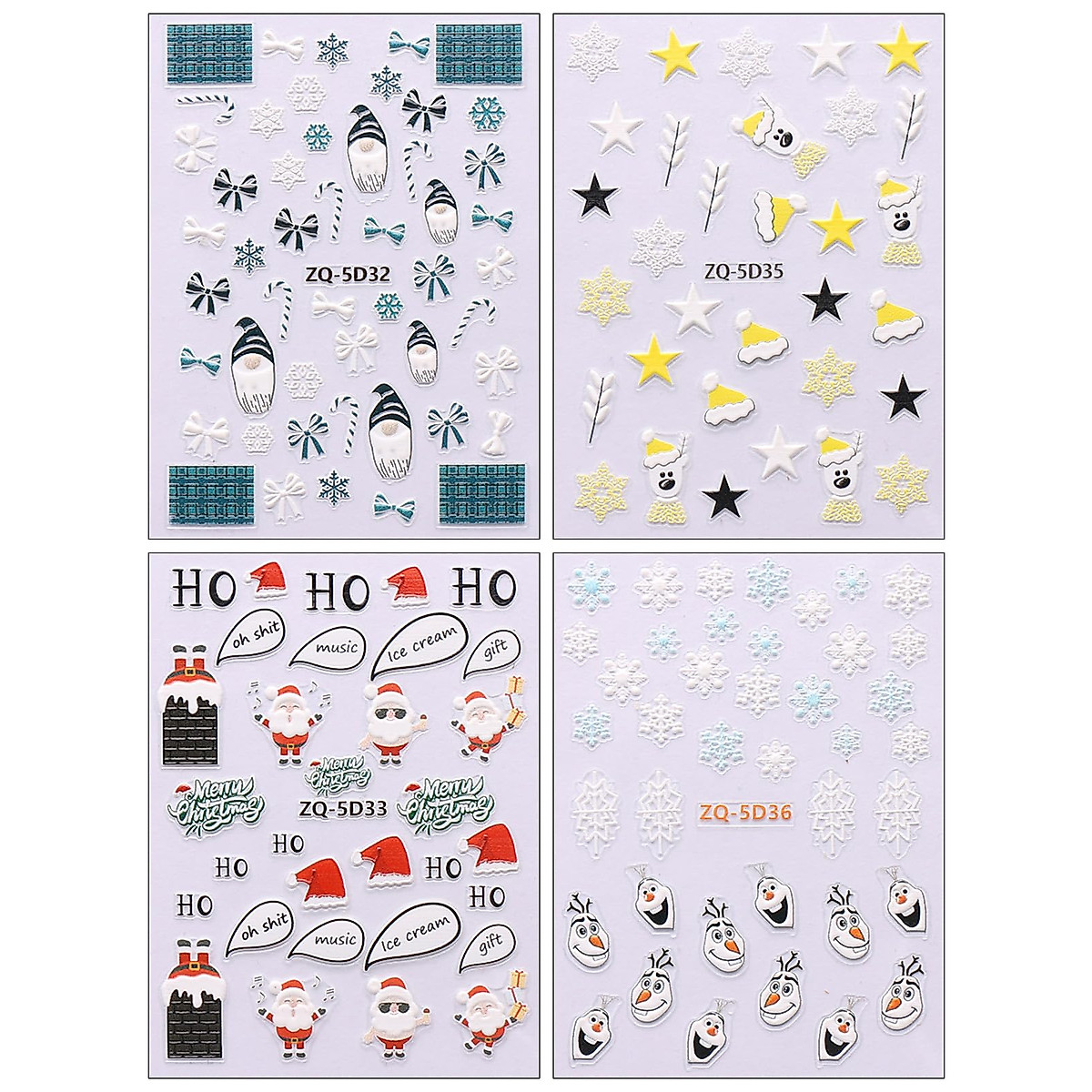 JMEOWIO 3D Embossed Christmas Nail Art Stickers Decals Self-Adhesive Pegatinas Uñas 5D Snowflake Xmas Winter Holiday Green Nail Supplies Nail Art Design Decoration Accessories 4 Sheets