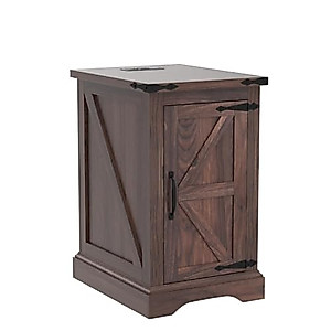 JXQTLINGMU Nightstand with Charging Station, Rectangular Farmhouse End Table with Barn Door and Adjustable Storage Shelf, 17" Deep Wood Rustic Sofa Side Table for Living Room, Bedroom, Brown