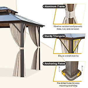 MELLCOM 10x13ft Hardtop Gazebo, Permanent Outdoor Patio Gazebo with Double Polycarbonate Roof and Aluminum Frame, Canopy Gazebo for Backyard, Deck, Patio and Party, Curtains and Netting Included