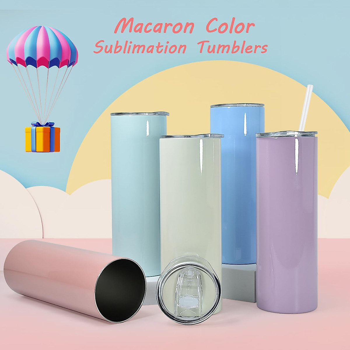 FECBK 20 oz Sublimation Tumblers Bulk 10 Pack Straight Skinny Tumblers Blanks with Lids and Straws Double Wall Stainless Steel Sublimation Tumbler Cups, Individually Box, Diy Gift, Macaron Color