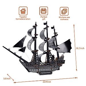 Jigtoy 3D Wooden Puzzle - 22.9" Large Black Pearl Pirate Ship Puzzles - Fun & Educational DIY Ship Building Kit - Easy to Assemble for Kids and Adults - Unique Decoration Toy 141 Pieces