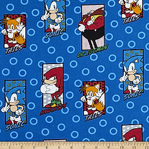 Kaufman Sonic the Hedgehog Badges Blue, Fabric by the Yard