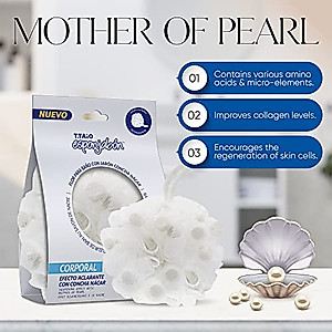 T.Taio Esponjabon Shower Bath Puff - Loofah Luffa Loufa Body Wash Ball - Mesh Pouf Scrubber for Full Cleanse Lather Skin Care - Essential Beauty Bathroom Accessories for Men & Women (Mother of Pearl)