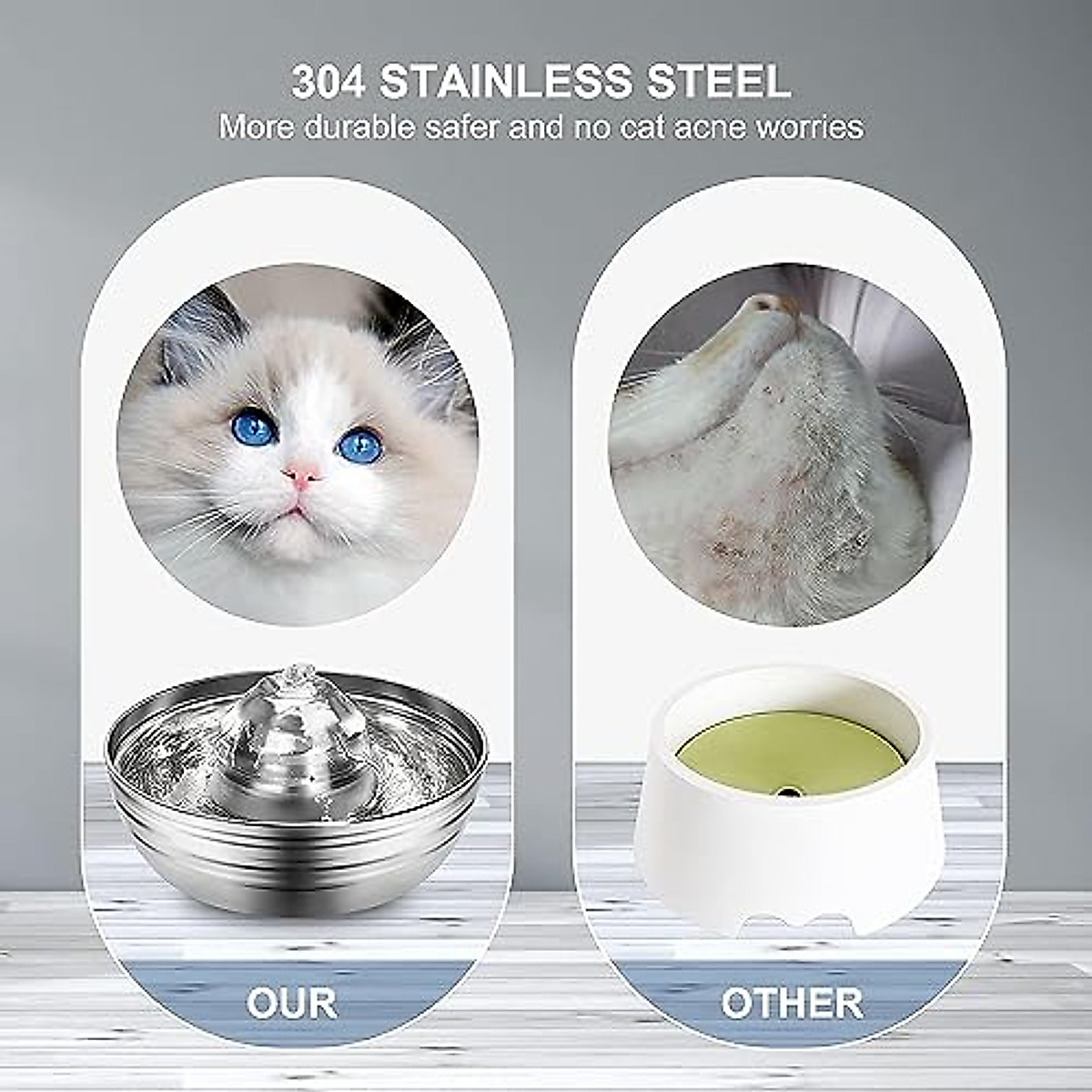 Cat Water Fountain All Stainless Steel,710z/2.1L Large Capacity,Round Design,Quiet Design,Visible Water Level,360° Automatic Cat Water Dispenser Easy Assemble and Clean,Supply Water Even Power Off