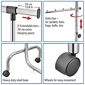 Tatkraft Falcon Garment Rack, Clothes Rack on Wheels, Adjustable Length & Height, Chromed Steel
