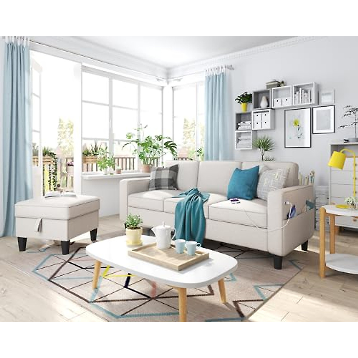 Sunrise Coast Sectional L Shaped Living Room Modular USB+Type-C Charging Port 3 Seater Couches with Removable Storage Ottoman Small Sofa 78", Beige