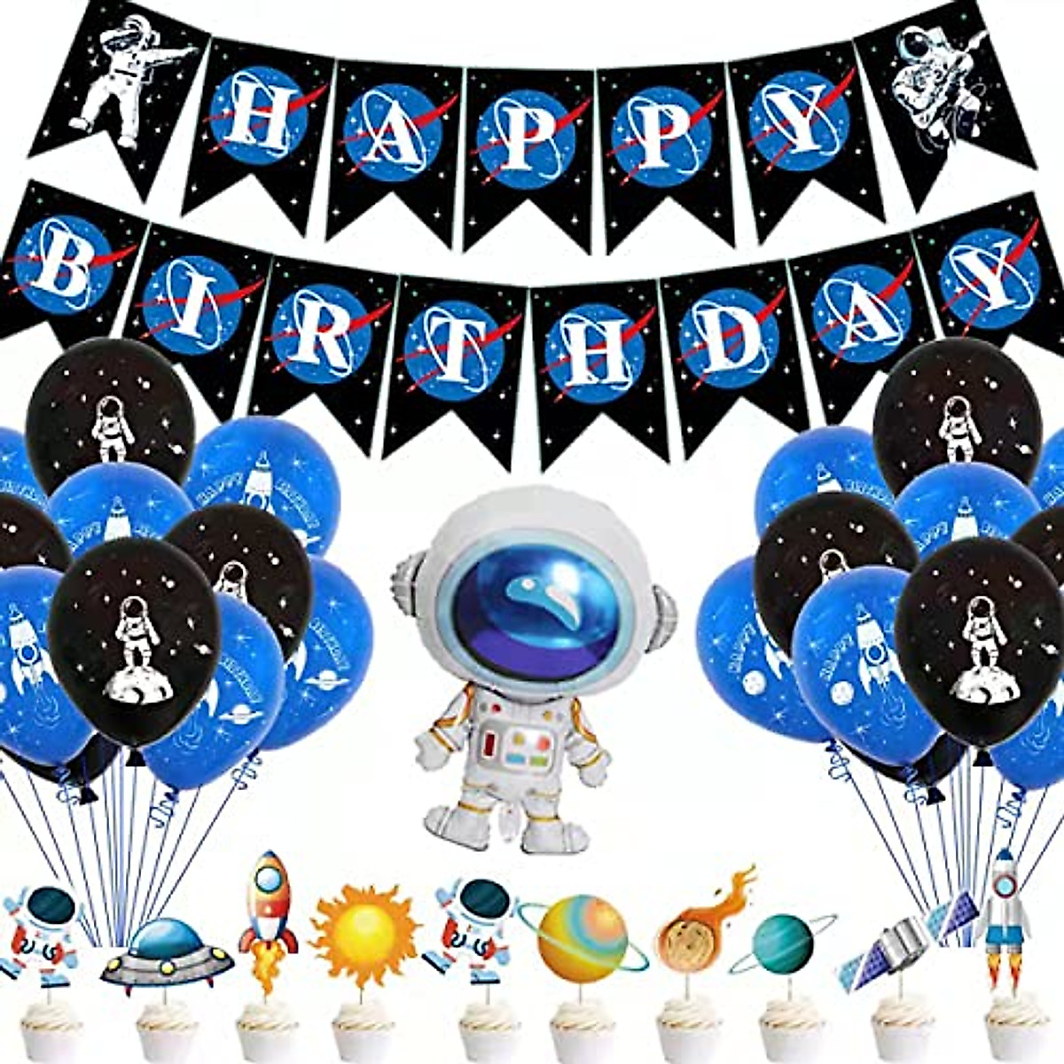 Mcoolars Outer Space Party Decoration Set, Astronaut Balloons, Happy Birthday Banner, Cupcake Toppers, for Boys Kids Space Astronaut Theme Birthday Party Supplies, FA-D2