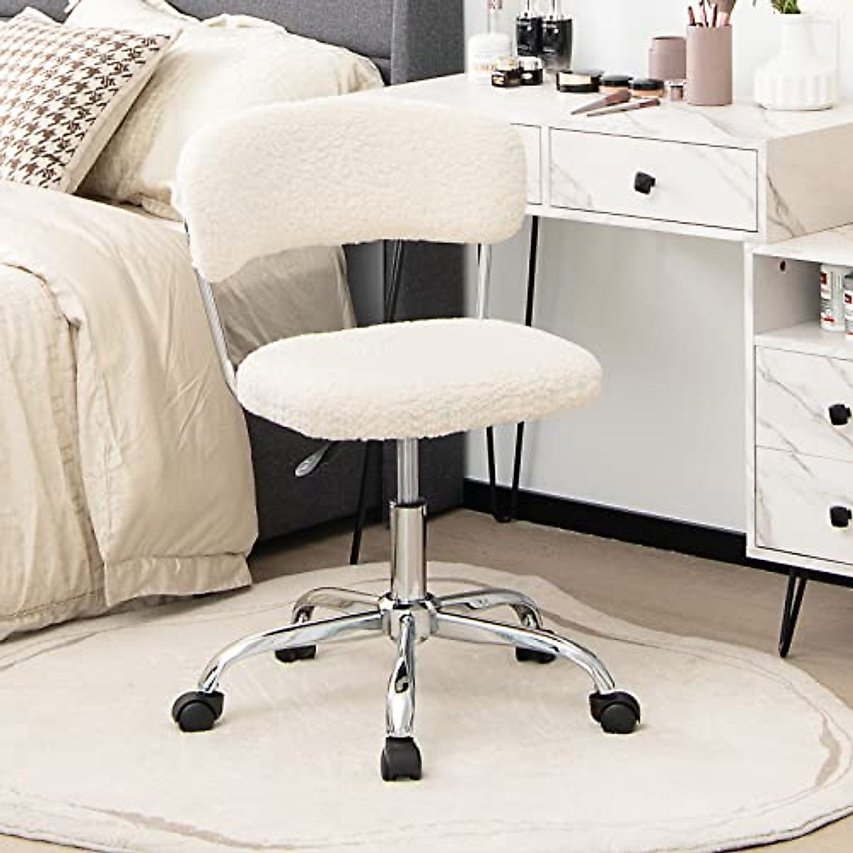 Giantex Home Office Chair, Faux Fur Low Back Swivel Leisure Chair w/Height Adjustable Padded Seat, Rolling Armless Vanity Chair w/Galvanized Steel Frame for Bedroom Study Guest Room, White