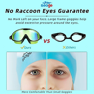 Seago Swim Goggles 2 Pack Anti-Fog Anti-UV Wide View UV Protection, Adjustable Swimming Goggles for Kids 3-15, Light Blue & Black, Green