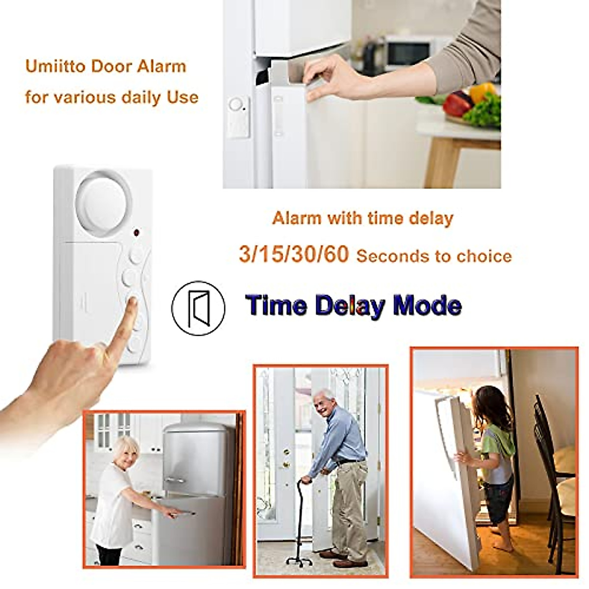 Fridge Door Alarm with Delay Upgrade 3/15/30/60 Seconds Security Window/Door Alarm for Home Safety Loud 108dB Freeze Door Open Chime Refrigerator Alert (1 Set)