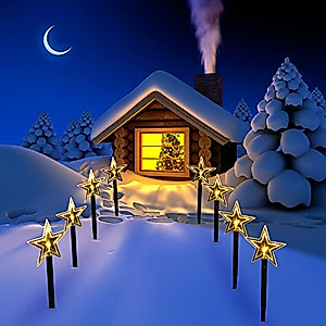 10 Pieces Solar Christmas Snowflake LED Pathway Star Outdoor Landscape Lights Waterproof 3D Snow Decorations Garden Spotlights for Winter Christmas Party Lawn Wedding Festival (Star Style)