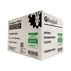 KingSeal UltraBlack-PRO Medium Nitrile Medical Grade Exam Gloves, Black, 5 MIL, Textured Fingertips - 1 Box of 100 Gloves