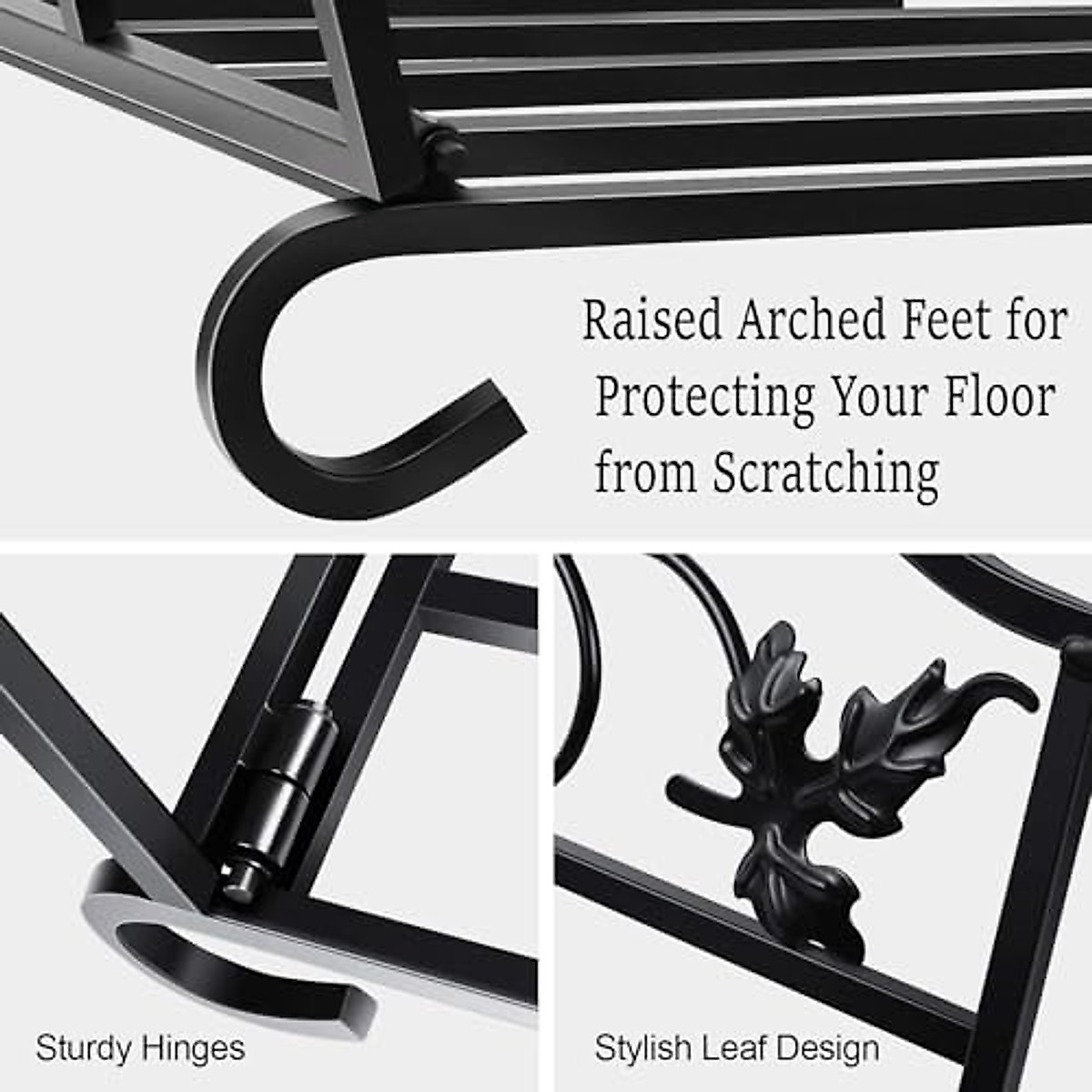 AMAGABELI GARDEN & HOME Firewood Rack Indoor Outdoor Heavy Duty Foldable Firewood Holder Wrought Iron Fireplace Log Holders with Leaves Design and Raised Arched Feet Wood Rack for Firewood Black