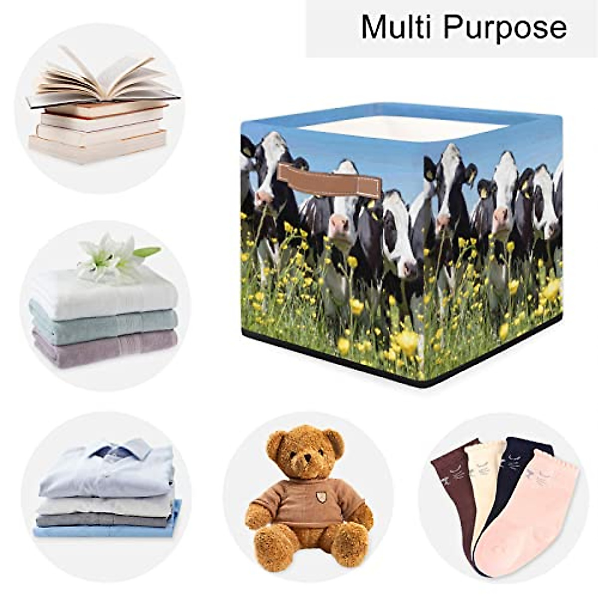Funky Qiu Storage Cube Bins Farm Flower Cow Large Collapsible Storage Basket with Handle Decorative Storage Boxes for Toys Organizer Closet Shelf Nursery Kid Bedroom,13x13x13
