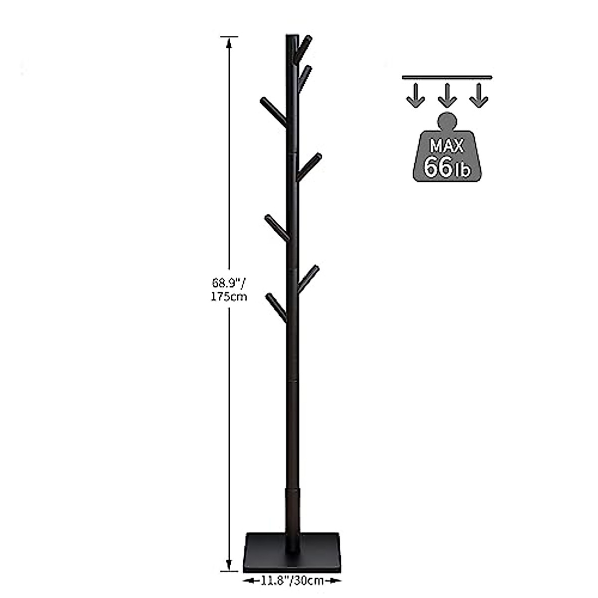 JOISCOPE Wooden Coat Rack Freestanding, Sturdy Coat Tree with 3 Adjustable Sizes, 8 Hooks and Easy to Assemble Coat Hanger for Coats, Hats, Scarves, Clothes and Handbags，Square(Black)
