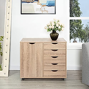 Naomi Home Amy 5 Drawer Chest, Wood Storage Dresser Cabinet with Wheels, Craft Storage Organization, Makeup Drawer Unit for Closet, Bedroom, Office File Cabinet 180 lbs Total Capacity - Natural