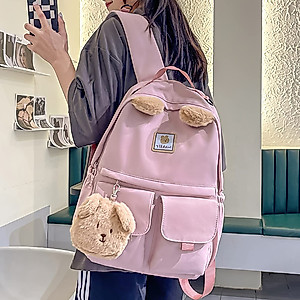 LaurelTree Kawaii Aesthetic Cute Backpack with Accessories 14 In Laptop Rucksack Travel Bag School Students Suppliers Girls (Pink)