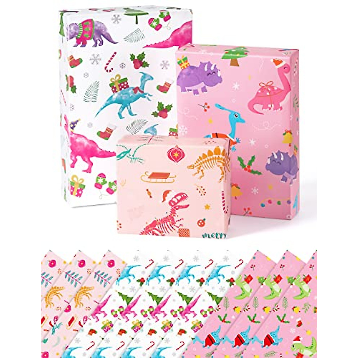 Christmas Dinosaur Wrapping Paper 10 Sheets 20" x 27" Pink Christmas Wrapping Paper Flat Fold Christmas Gift Wrap Paper Pink Girls Wrapping Paper Kids Dinosaur Gift Wrap Dino Birthday Wrapping Paper