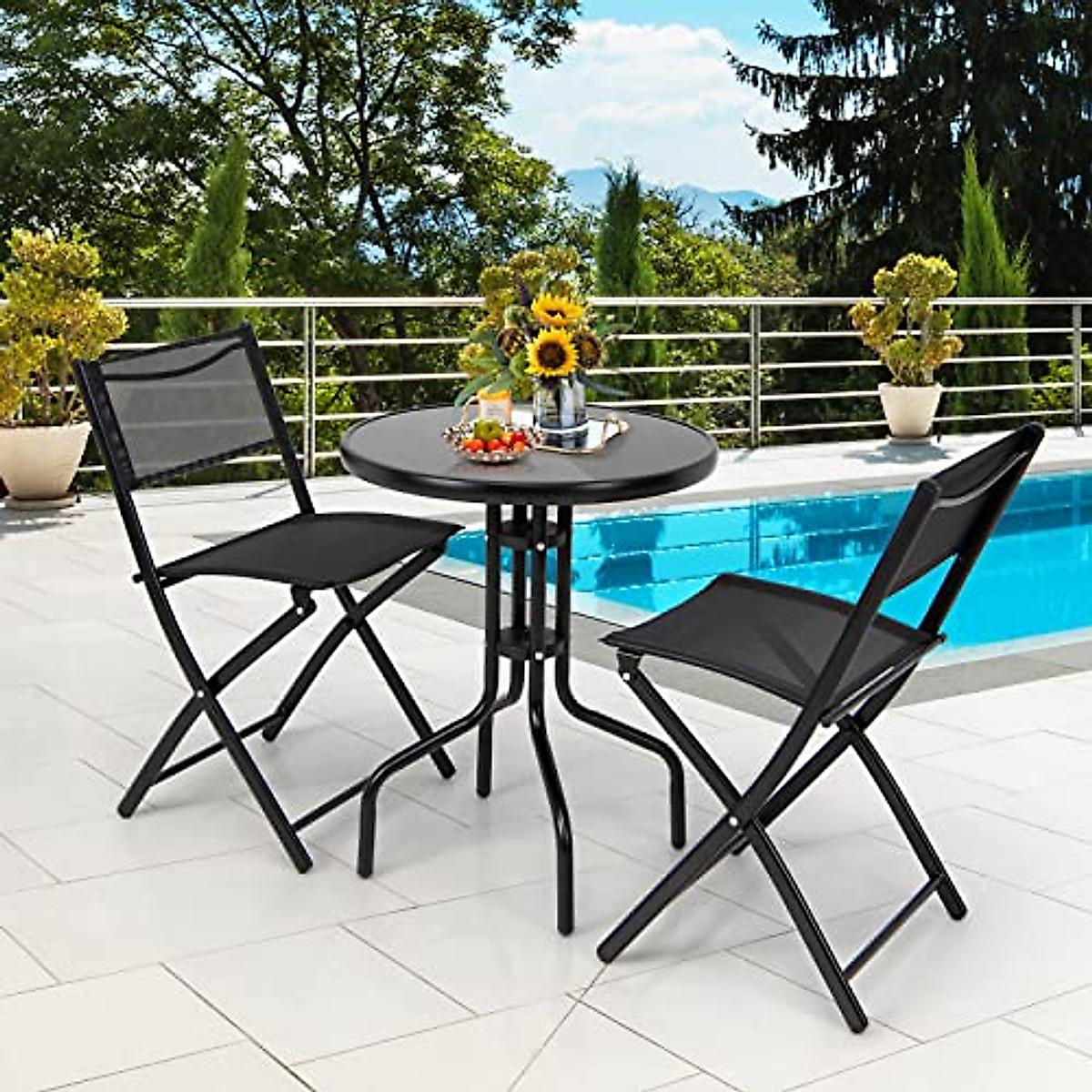 MIDDOW 3pcs Metal Bistro Chair Set, Round Coffee Table w/Folding Chairs Set, Outdoor/Indoor Patio Furniture Set w/Rust-Proof Steel Frame & Glass Tabletop, Ideal for Garden/Backyard/Balcony, Black
