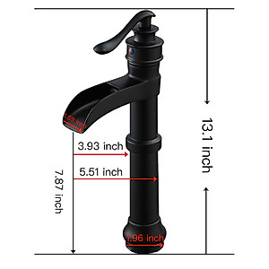 Matte Black Vessel Sink Faucet Waterfall with Pop Up Drain Assembly and Single-Handle Hole Supply Hose Lead-Free Vanity Lavatory Bathroom Faucet Mixer Tap