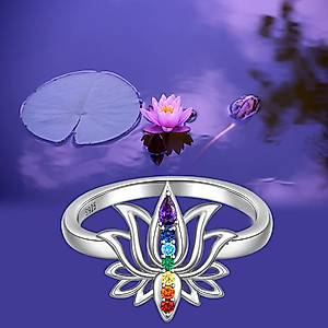 Jewlikee Lotus Ring 7 Chakra Rings for Women Sterling Silver Lotus Flower Yoga Energy Balance Chakras Jewelry Meditation Anxiety Relief Size 7
