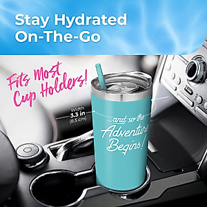 and So The Adventure Begins - Personalized Insulated Coffee Tumbler with Lid – Stainless Steel Insulated Travel Mug with Straw – Graduation, Promotion, Going Away, Job Change - Adventure Awaits