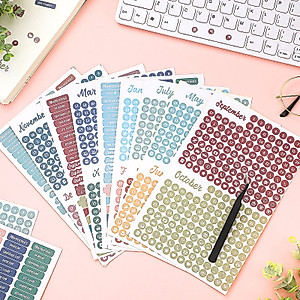 18 Sheets Daily Calendar Stickers Aesthetic Monthly Planner Stickers with Elbow Tweezer Colorful Round Date Stickers for Planners Number Date Dots for Work Daily to Do Budget Family Journal
