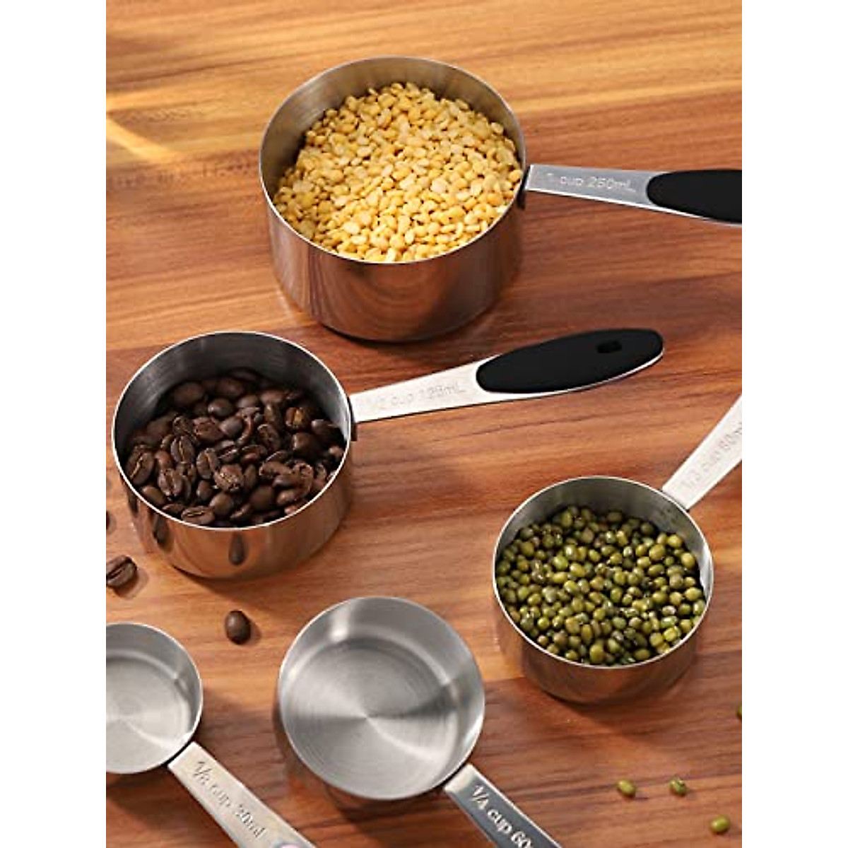 Joyhill Stainless Steel Measuring Cups and Spoons Set of 10 Piece, Nesting Metal Measuring Cups Set with Soft Touch Silicone Handles for Dry and Liquid Ingredients, Cooking & Baking (Black)