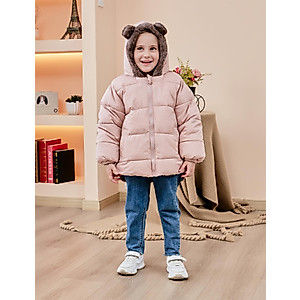 Enlifety 2t 3t Little Girls Bear Ears Jacket Kids Pink Puffy Coat Warm Lightweight Winter Clothes Outfit Christmas Gift for Baby Girl 2-3 Years