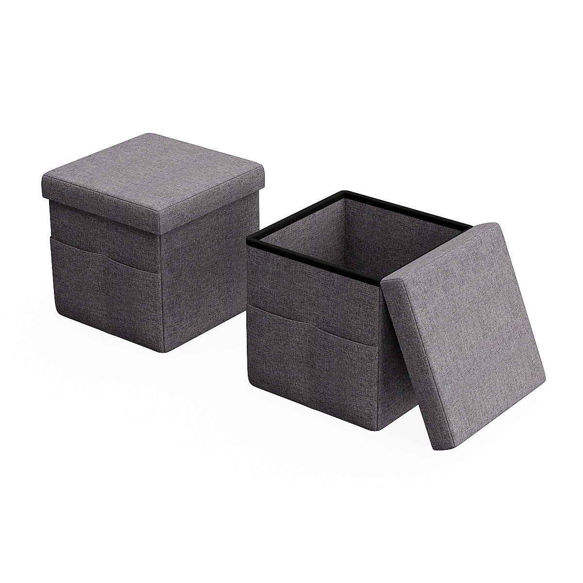 Lavish Home Set of 2 Cube Ottoman with Pockets 15-Inch Folding Foot Rests or Storage Organizers for Bedroom, Living Room, or Dorm, Charcoal Gray