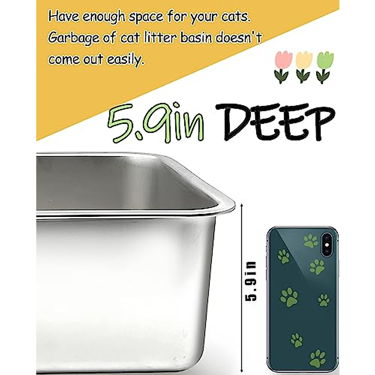 VCEPJH Stainless Steel Litter Box for Cats Metal Litter Pan with High Sides for Odor Control Non Stick Easy to Clean Rustproof (15.7'' x 11.8'' x 5.9'')