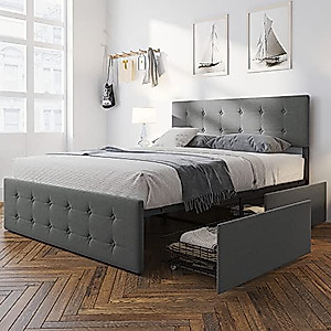 IDEALHOUSE Queen Platform Bed Frame with Storage and 4 Drawers, Button Upholstered Bed Frame with Drawers and Headboard, Mattress Foundation with Wood Slat Support, No Box Spring Needed