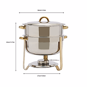 Choice 14.2 Qt Deluxe Round Gold Accent Soup Chafer - High-Capacity Stainless Steel Chafing Dish with Fuel Paste Container, Detachable Lid and Pot, U-Shaped Handles, Perfect for Buffets