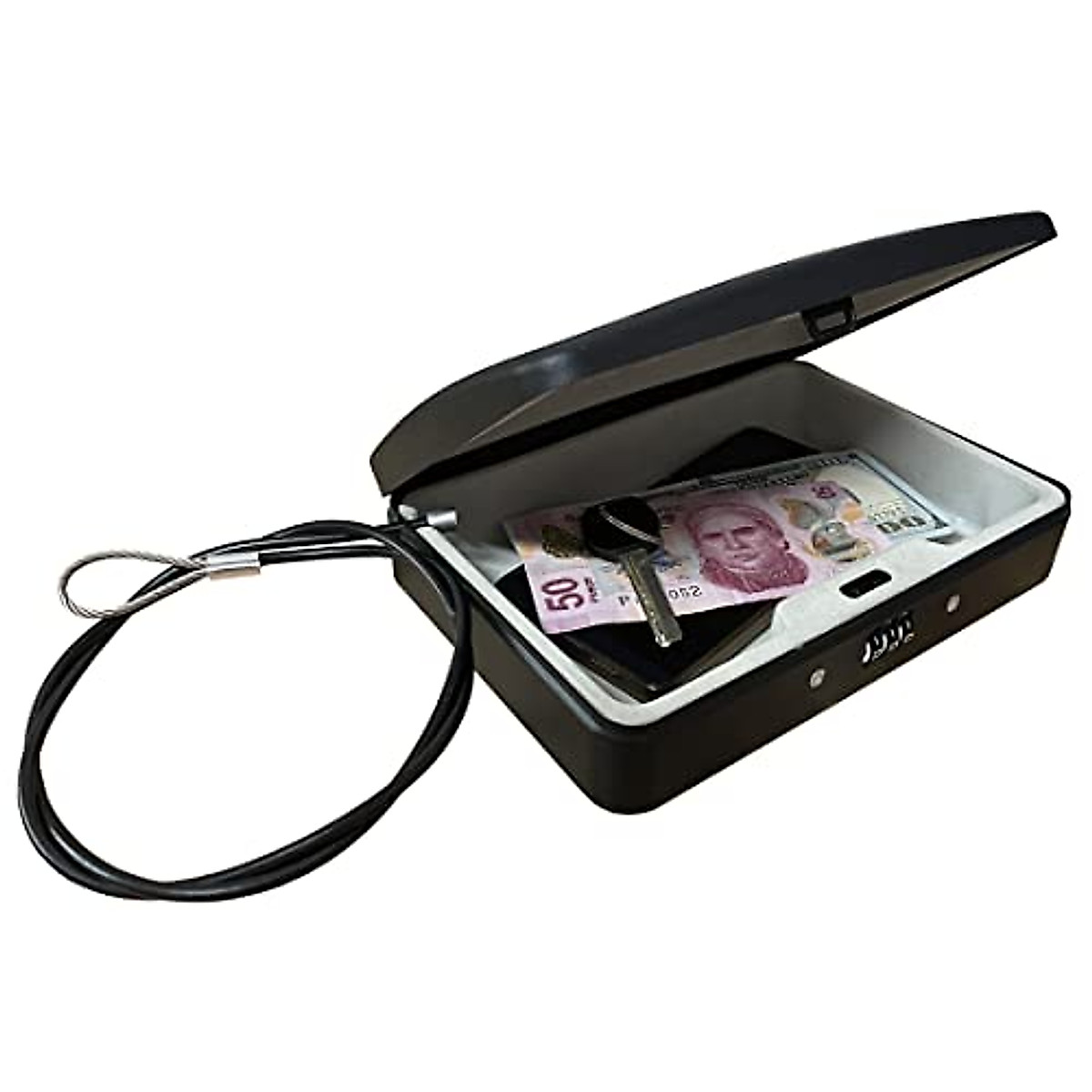 Portable Safe Lock Box Home Security with Resettable Combination Lock Steel Case Black Hotel safe with Cable