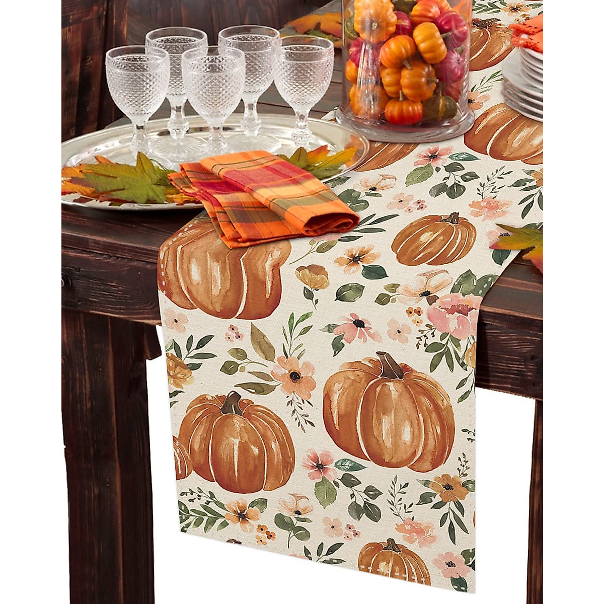 Sambosk Fall Pumpkin Table Runner, Autumn Thanksgiving Floral Table Runners for Kitchen Dining Coffee or Indoor and Outdoor Home Parties Decor 13 x 72 Inches SK095
