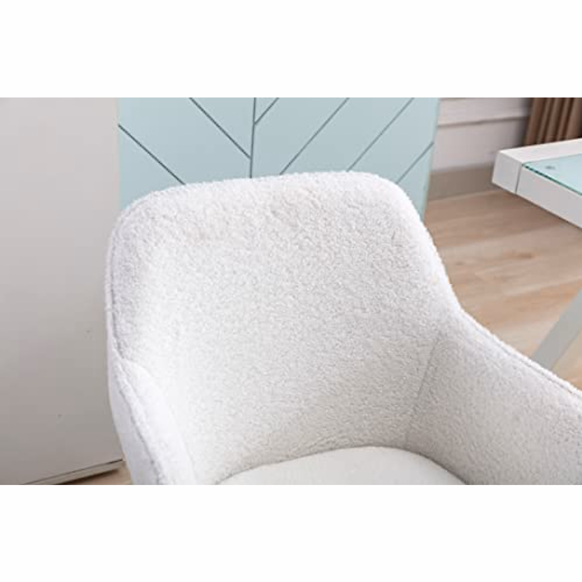 DBXII Modern 360°Swivel Velvet Office Chair Mid-Back Desk Chairs with Wheels Adjustable with Side Arms Gold Metal Base Cute Desk Chair for Bedroom, Home Office, Vanity Room (White Teddy + Wool)