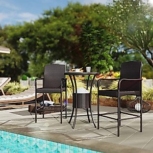 Outsunny 3 Pieces Rattan Wicker Bar Set with Ice Buckets, Patio Furniture with 1 Bar Table and 2 Bar Stools for Poolside, Backyard, Porches, Dark Brown