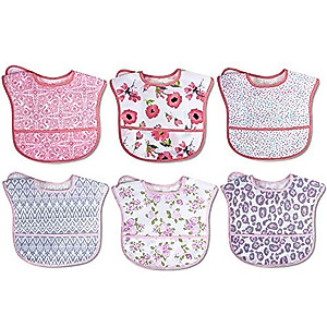 6 Pack Adjustable Waterproof Baby Bibs with Food Catcher Pocket - Pocket Bibs with Snaps for Babies, Toddlers, Infants
