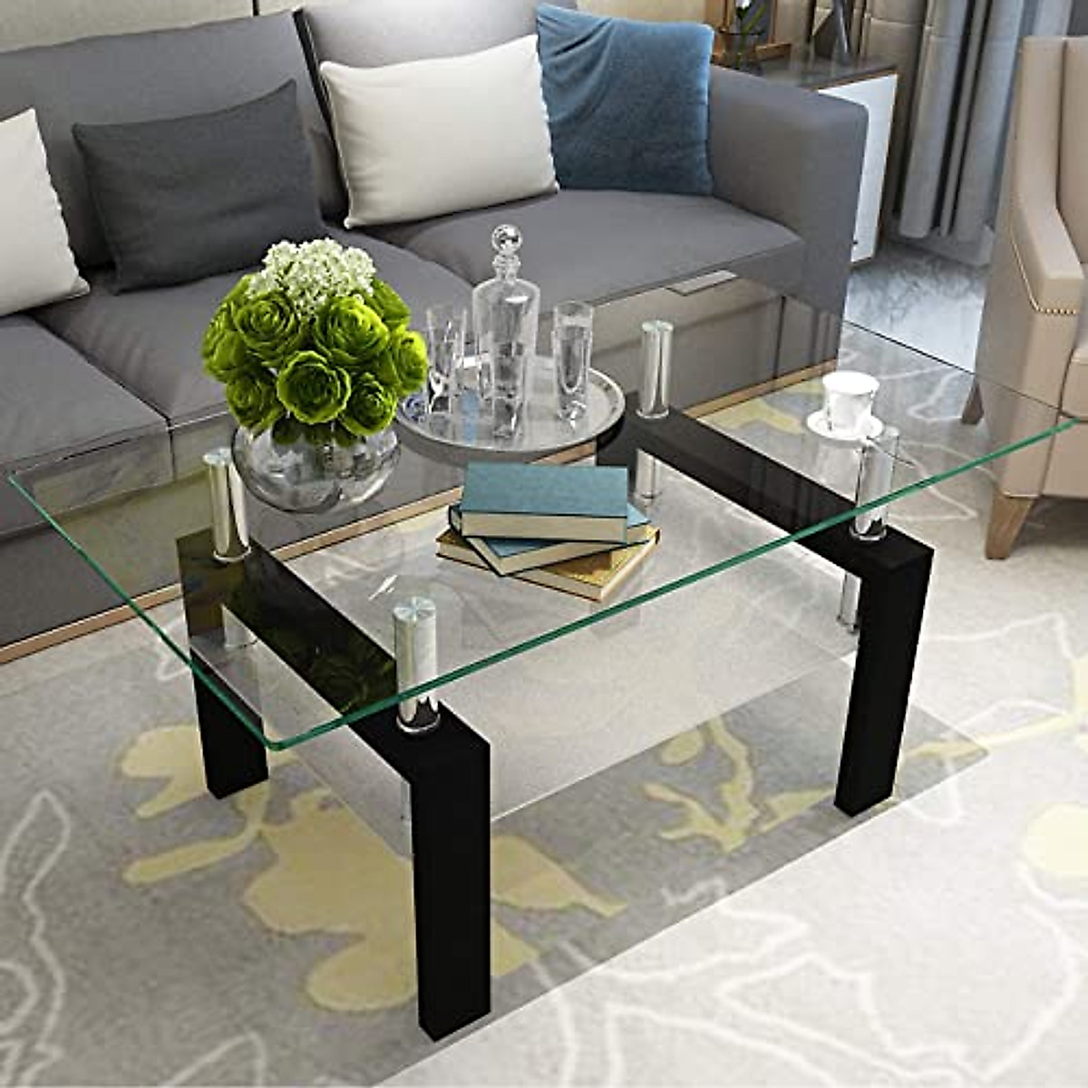 Rectangle Glass Coffee Table Metal Tube Legs End Table for Livingroom Tansole Black 39.4x23.7x17.7