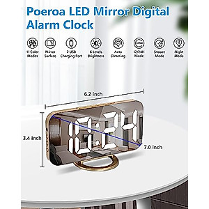 Digital Alarm Clock,7 in LED Mirrored Clocks Large Display,with 2 USB Charger Ports,Auto Dim,Night Mode,Modern Desktop Electronic Clocks for Bedroom Home Office Decor - Gold