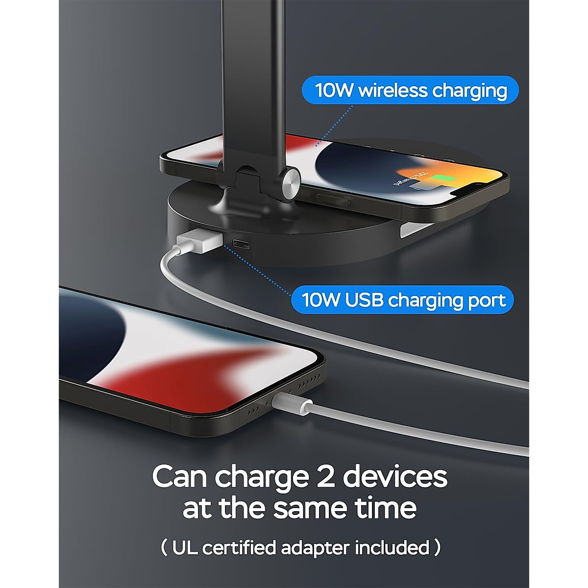 XREY LED Desk Lamp with Wireless Charger, USB Charging Port, Desk Lamp Touch Control Dimmable with 5 Color Modes & 5 Brightness, Eye Caring Desk Lamp, 2 Night Lights (Black)