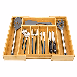 Diosbles Kitchen Bamboo Drawer Utensil Organizer Expandable Silverware Drawer Organizer and Cutlery Tray