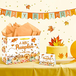 Thanksgiving Pumpkin Baby Shower Birthday Gift Bag for Baby Girls Boys A Little Pumpkin is On The Way Gift Bag with Wrapping Paper Card Fall Autumn Gift Bag for Baby Shower Party Supplies