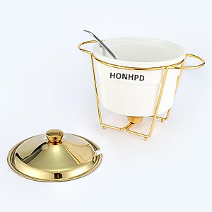 HONHPD Luxury Golden Stainless Steel Ceramics Chafing Dish with Spoon Dish Buffet Server Food Warmer Chafing (4-Quart Capacity)