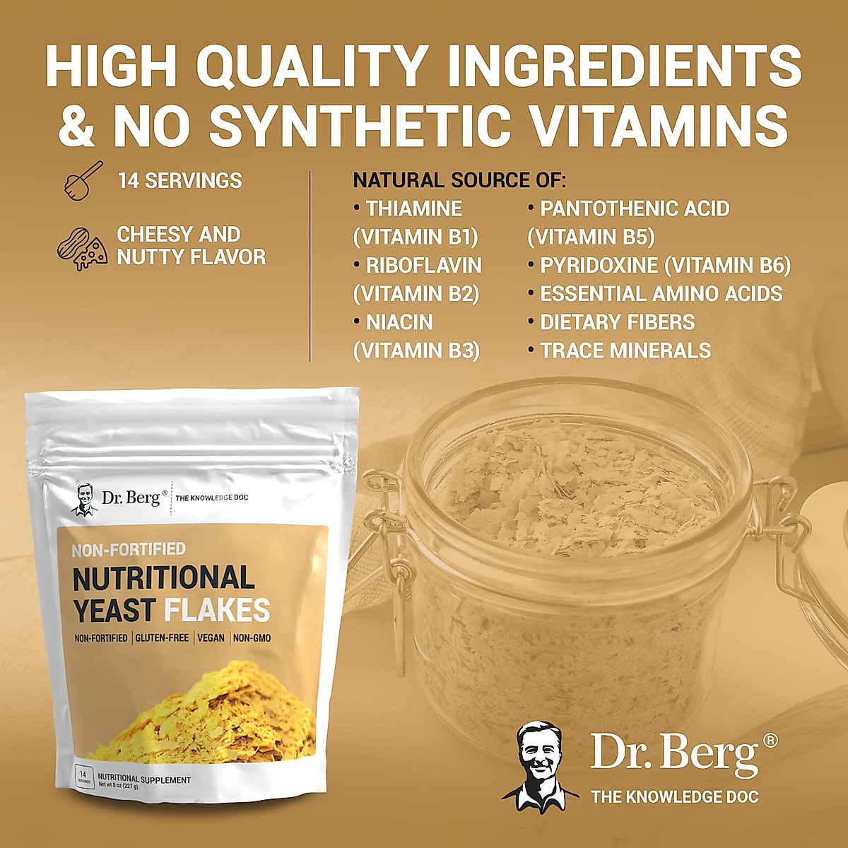 Dr. Berg Premium Nutritional Yeast Flakes - Delicious Non-Fortified Nutritional Yeast with Naturally Occurring B Vitamins - 8oz