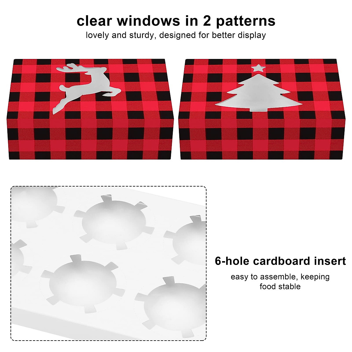 Ruisita 30 Pack Christmas Cupcake Boxes Plaid Red Black Paper Cupcake Carriers Bakery Box with Inserts and Window Cake Carrier Container Cookie Gift Boxes 6 Holders for Dessert, Pastries, Cake, Muffin