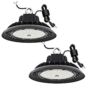 UFO LED High Bay Lights 100W 15000LM 0-10V Dimmable AC100-277V 5000K ETL Listed High Bay Led Lights with 5' Cable Ring Hook Safe Rope for Warehouse Factory Workshop Barn Garge 2 Packs