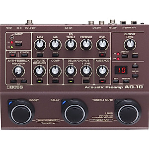 Boss AD-10 Acoustic Preamp Bundle with 10ft Instrument Cable, 6in Patch Cable, and Picks