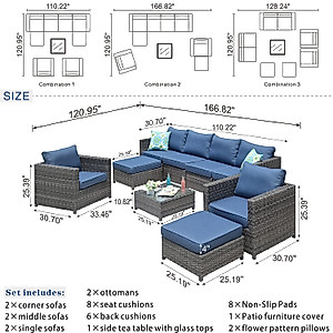ovios 9 Pieces Patio Furniture Set, Outdoor Wicker Rattan Sectional Sofa Set with Chairs Couch, All Weather Assembled Furniture Set, No Assembly, Grey Wicker, Denim Blue Cushion