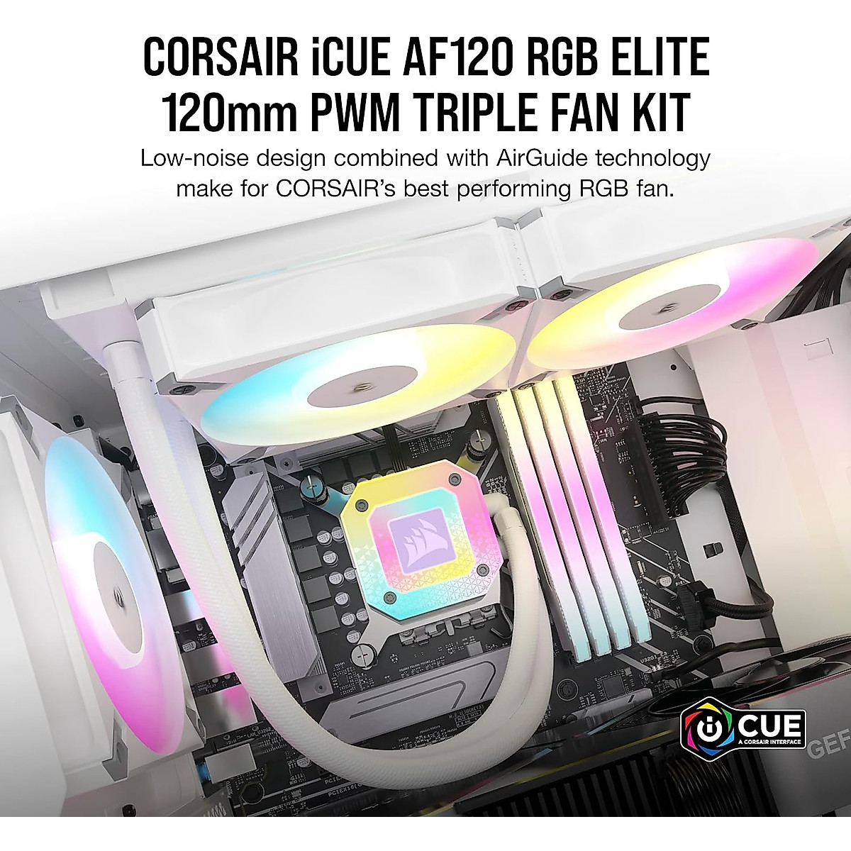 Corsair iCUE AF120 RGB Elite 120mm PWM Triple Fan Kit - Eight RGB LEDs Per Fan - AirGuide Technology - Fluid Dynamic Bearing - Zero RPM Fan Mode - Included iCUE Lighting Node CORE Controller - White